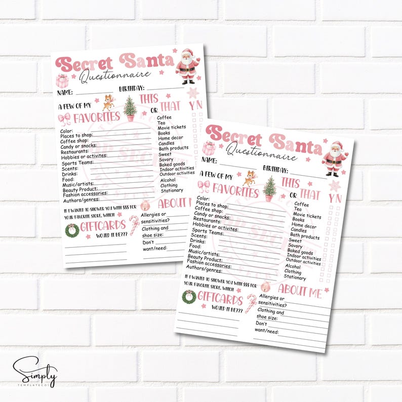 Pink Christmas Secret Santa Questionnaire Printable Xmas Gift Exchange ...