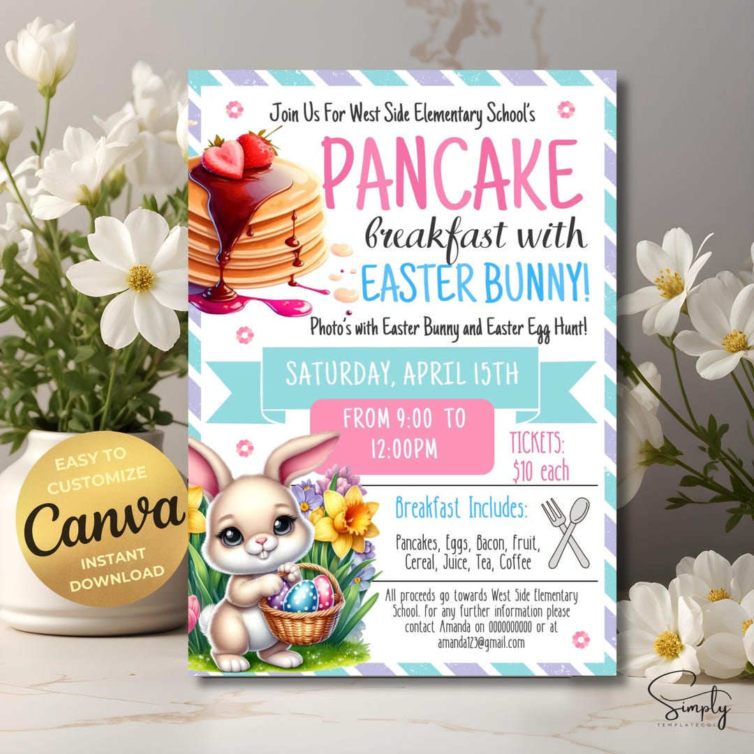 Pancakes With Easter Bunny Flyer Template, Spring Easter Fundraiser ...