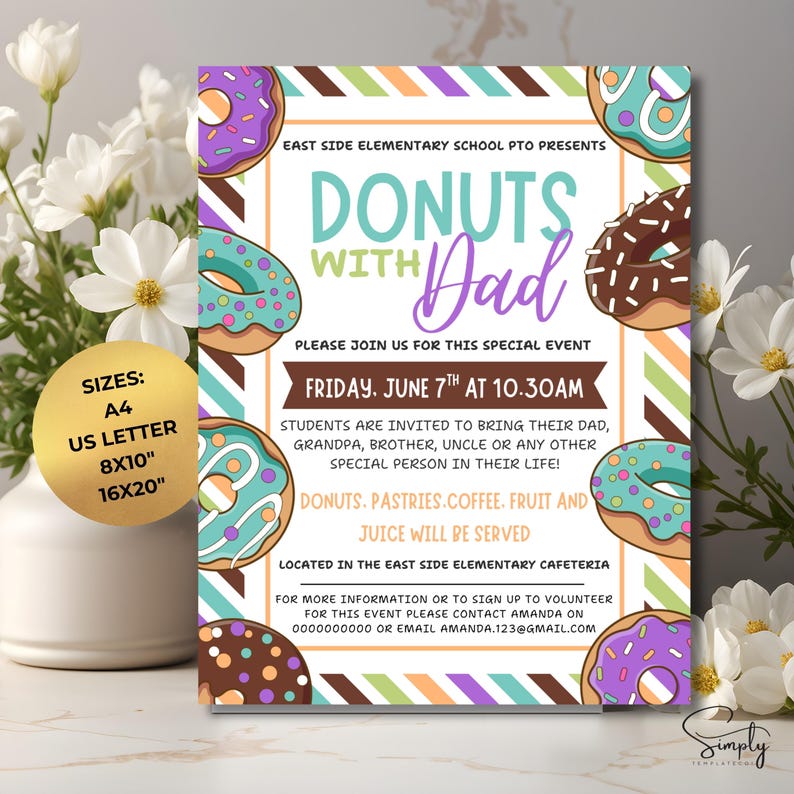 Donuts With Dad Flyer Template Editable School Father's Day Celebration ...