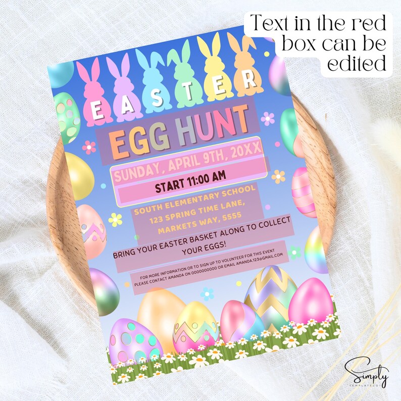 Easter Egg Hunt Flyer Editable Template, Kids Spring Easter Bunny Event ...