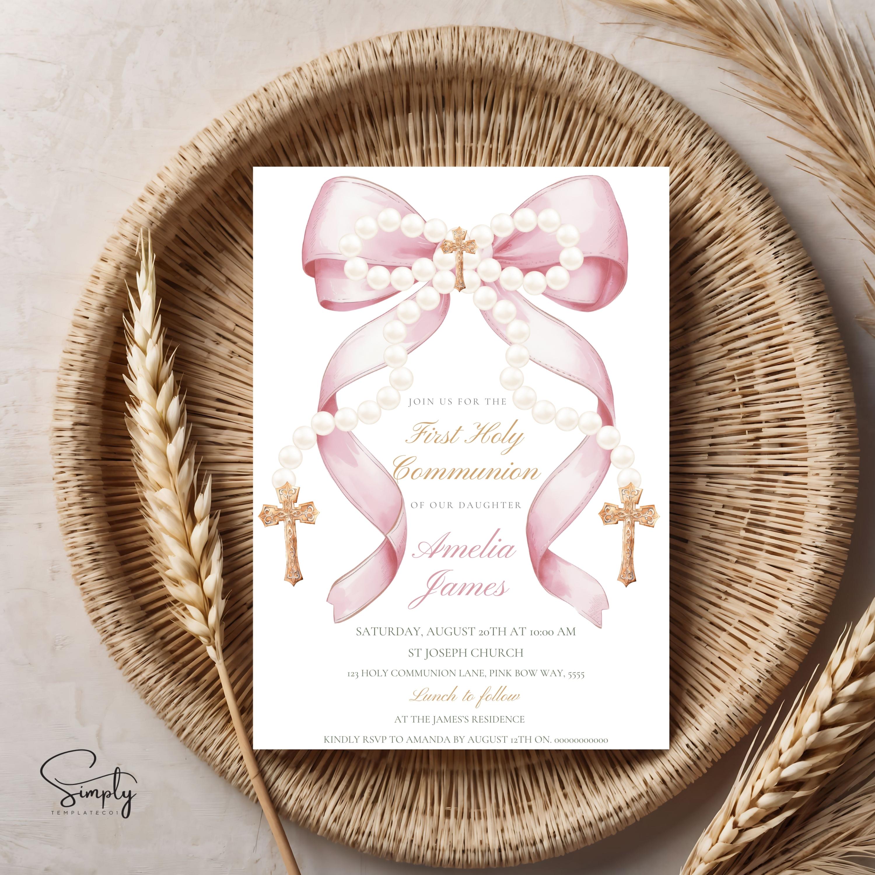 Bow and Pearls Holy Communion Invitation | Elegant First Holy Communion ...