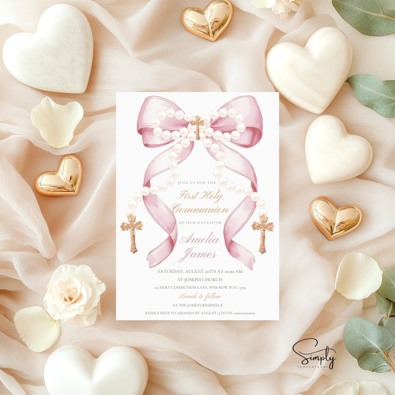 Bow and Pearls Holy Communion Invitation | Elegant First Holy Communion ...