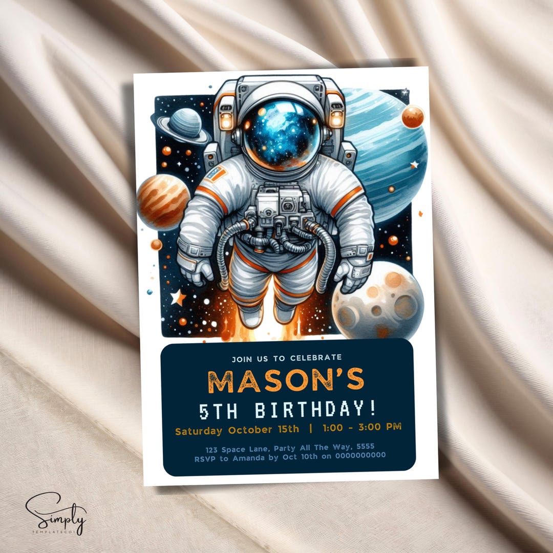 Space Birthday Invite Astronaut Outer Space Birthday Party Invitation ...