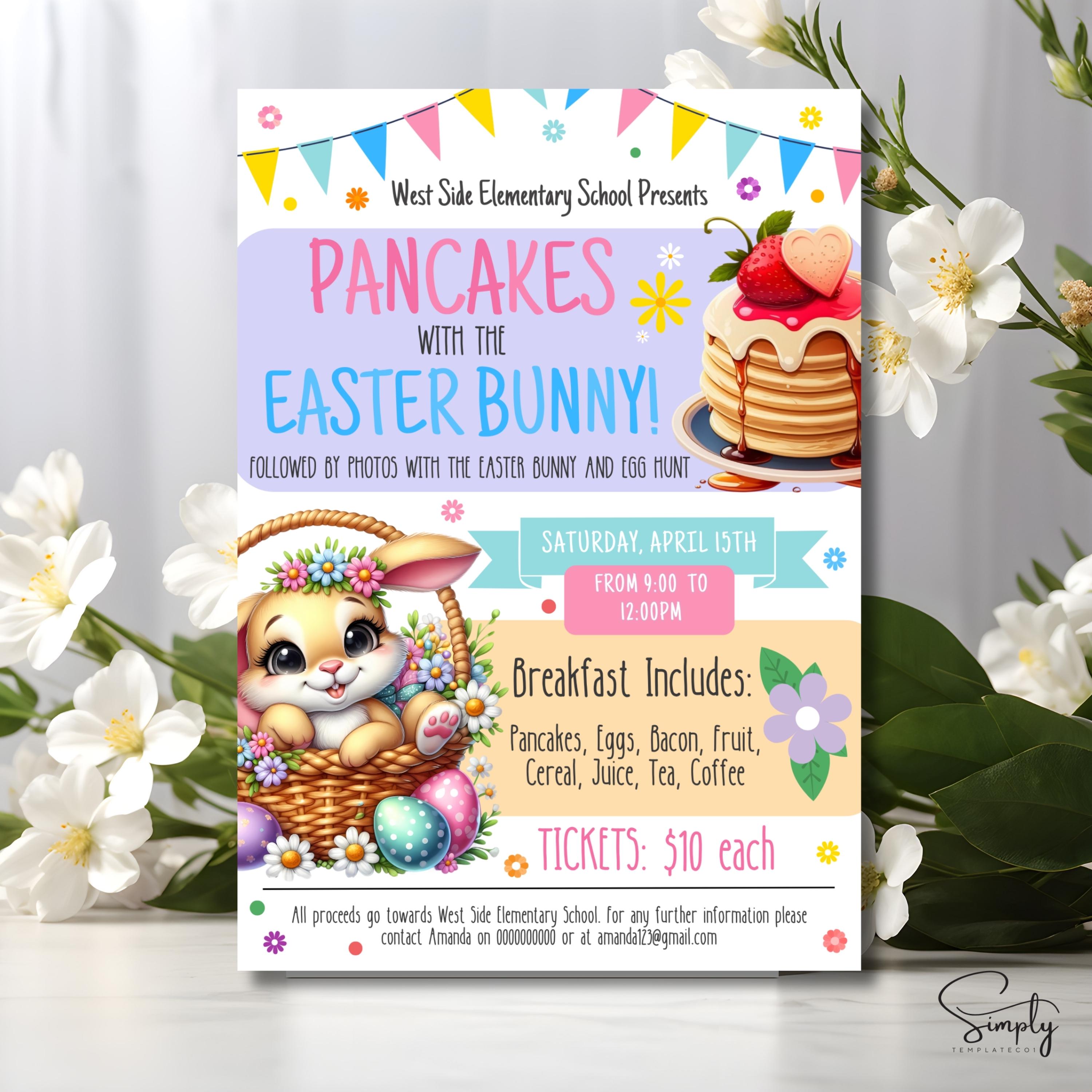 Pancakes With Easter Bunny Flyer Editable Template, Easter Egg Hunt ...