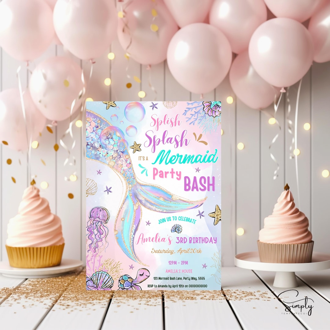Editable Sparkle Mermaid Party Invitation Pool Girl Birthday Invite ...