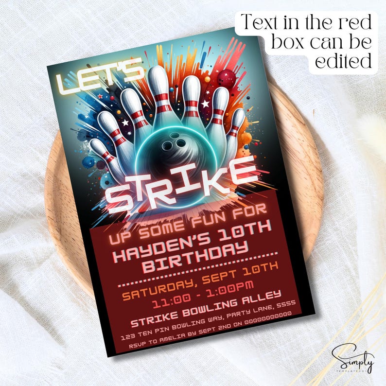 Editable Bowling Birthday Invitation Template, Printable Strike up Some ...
