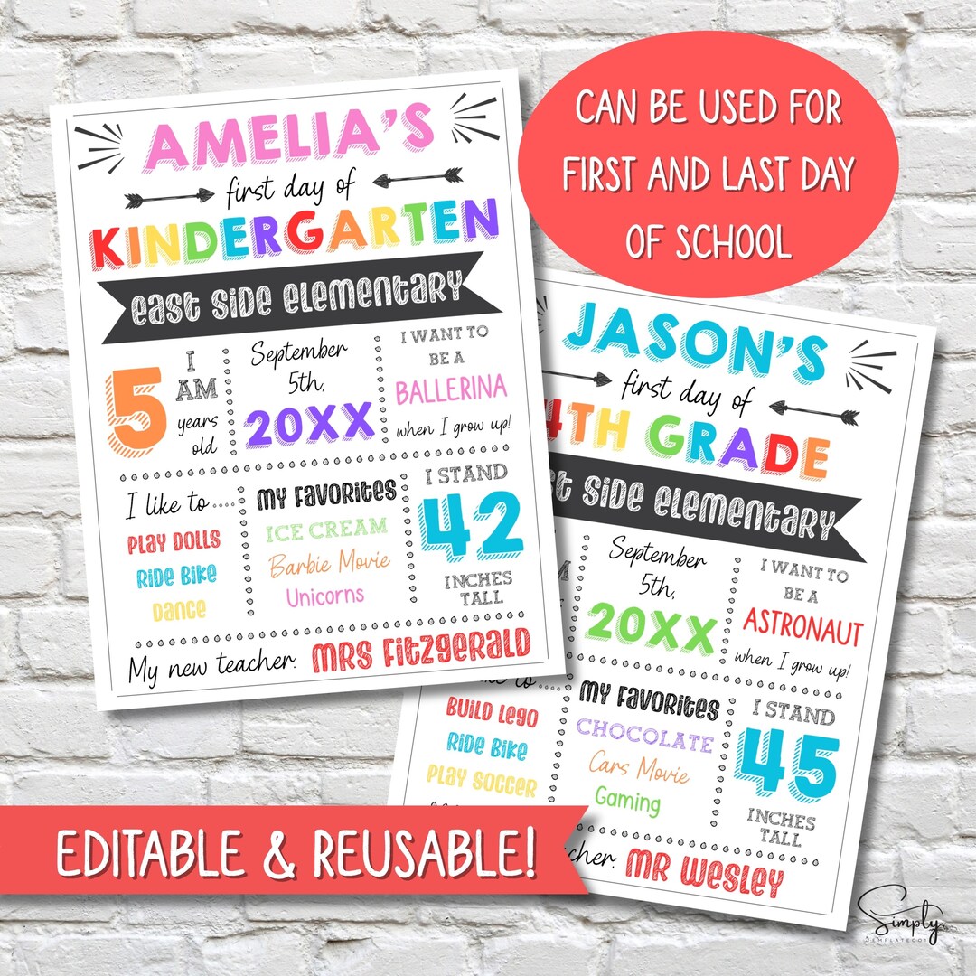 Back to School Sign White Background First & Last Day Editable School ...