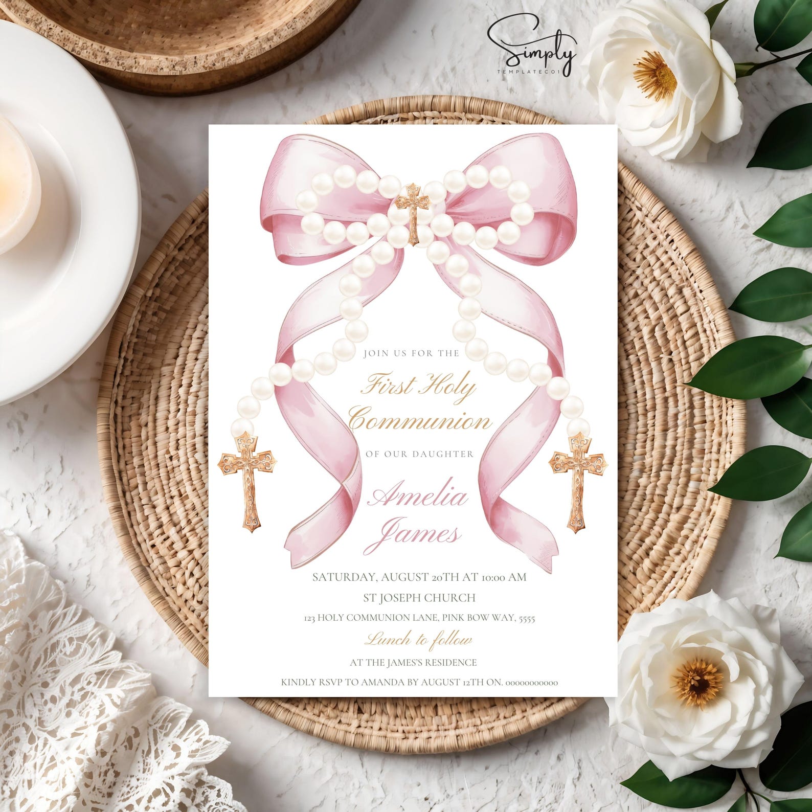 Bow and Pearls Holy Communion Invitation | Elegant First Holy Communion ...