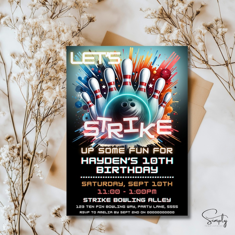 Editable Bowling Birthday Invitation Template, Printable Strike up Some ...