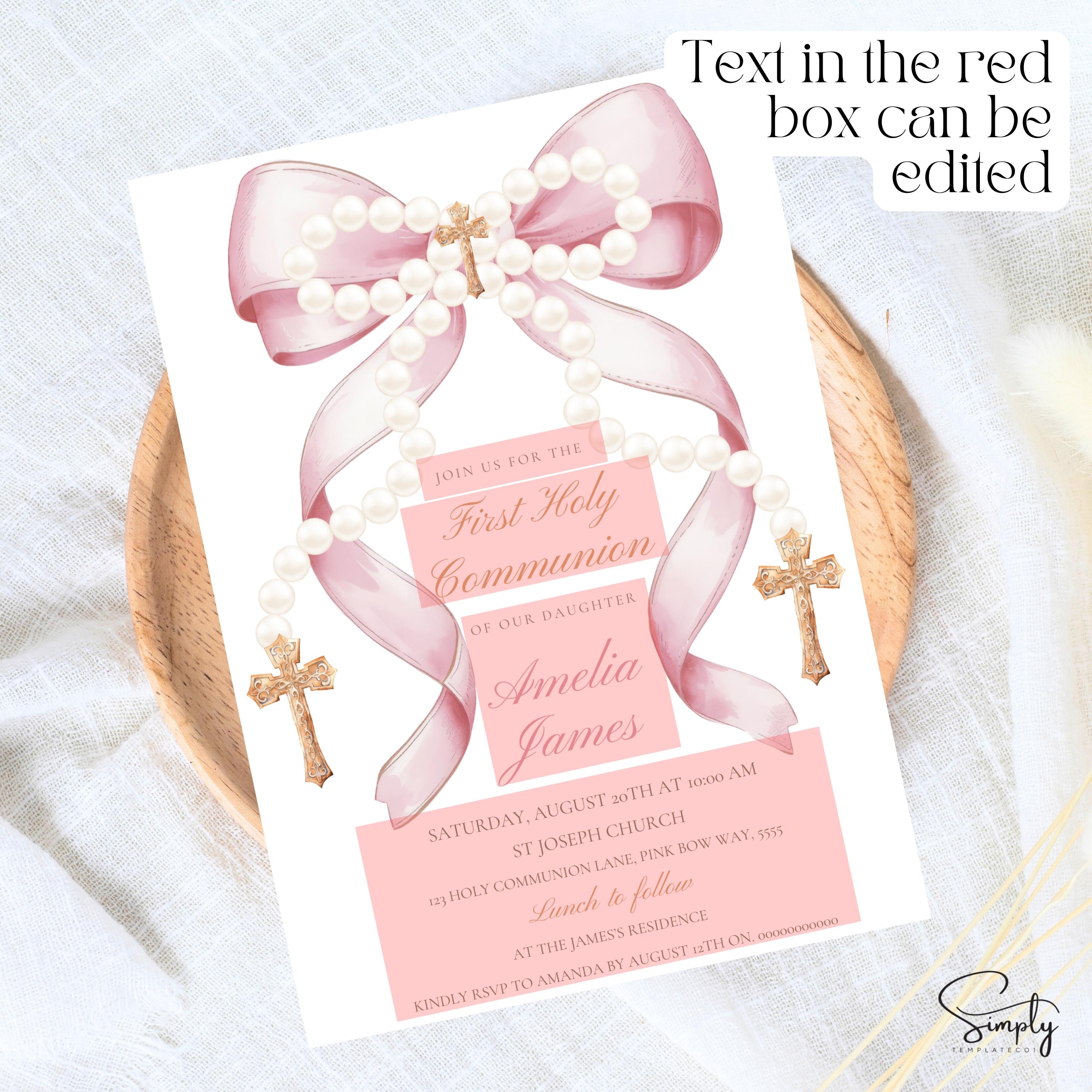 Bow and Pearls Holy Communion Invitation | Elegant First Holy Communion ...