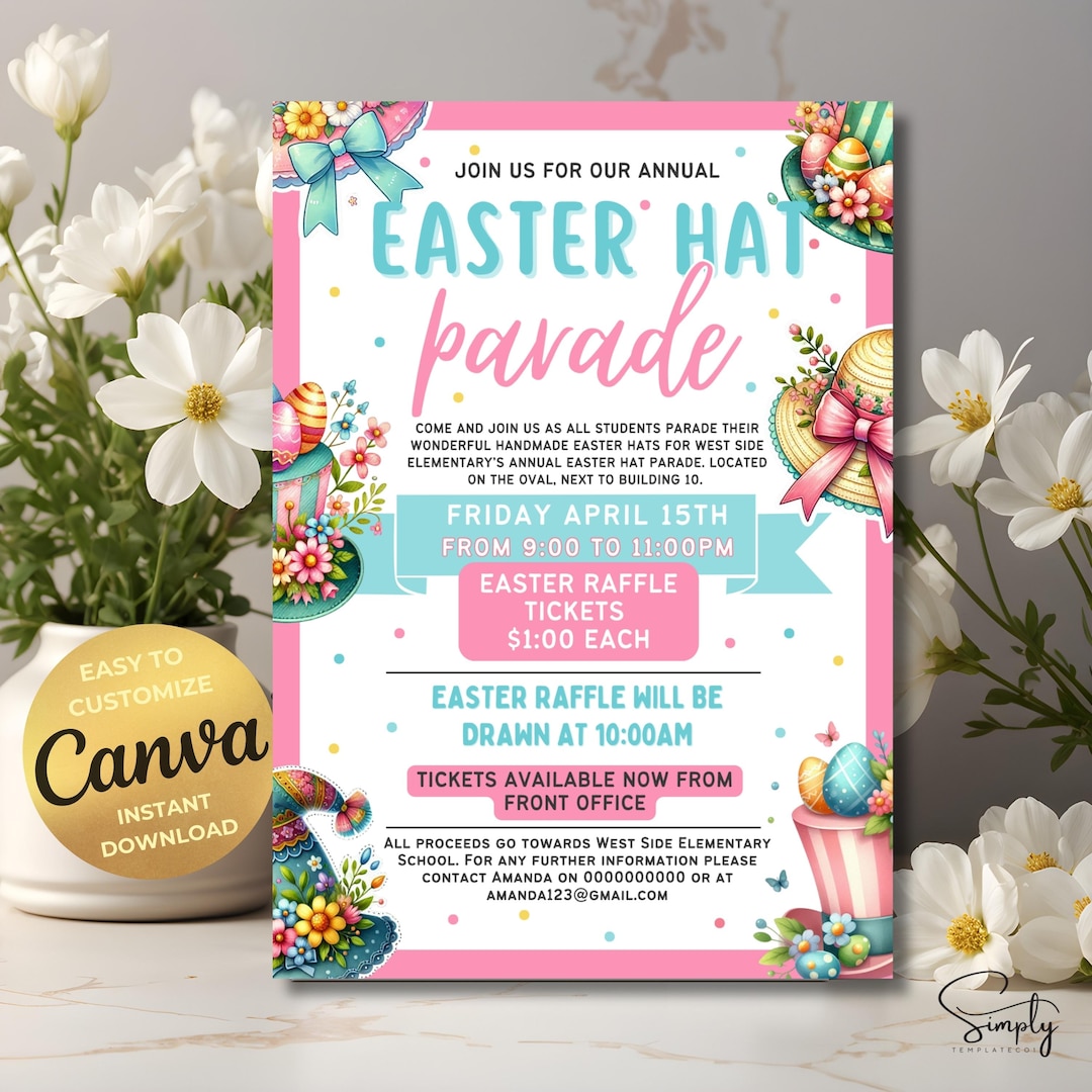 Easter Hat Parade Flyer, Community Easter Hats Poster, Easter Egg Hunt ...