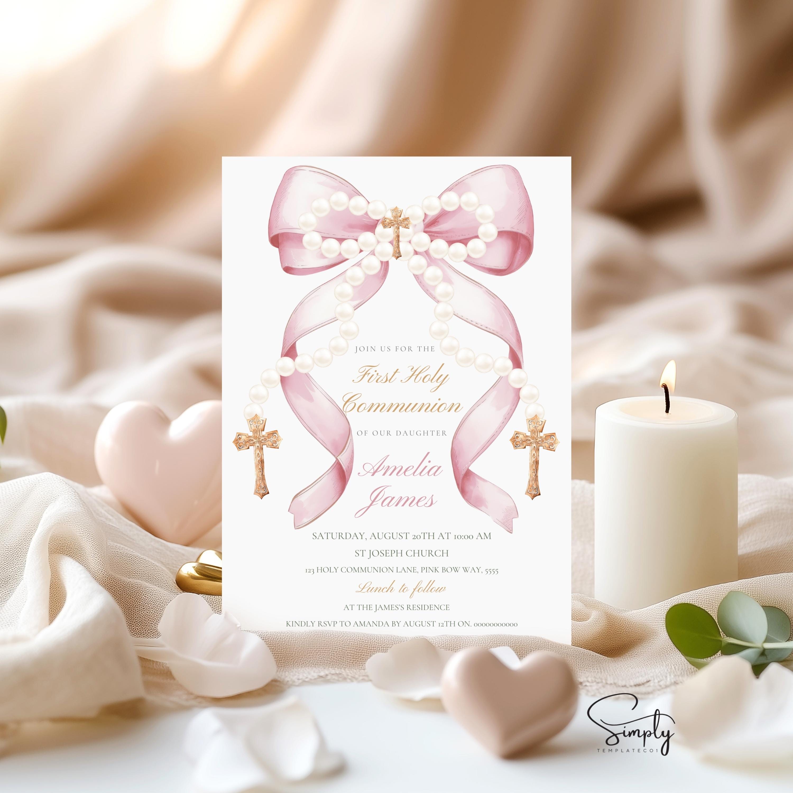 Bow and Pearls Holy Communion Invitation | Elegant First Holy Communion ...