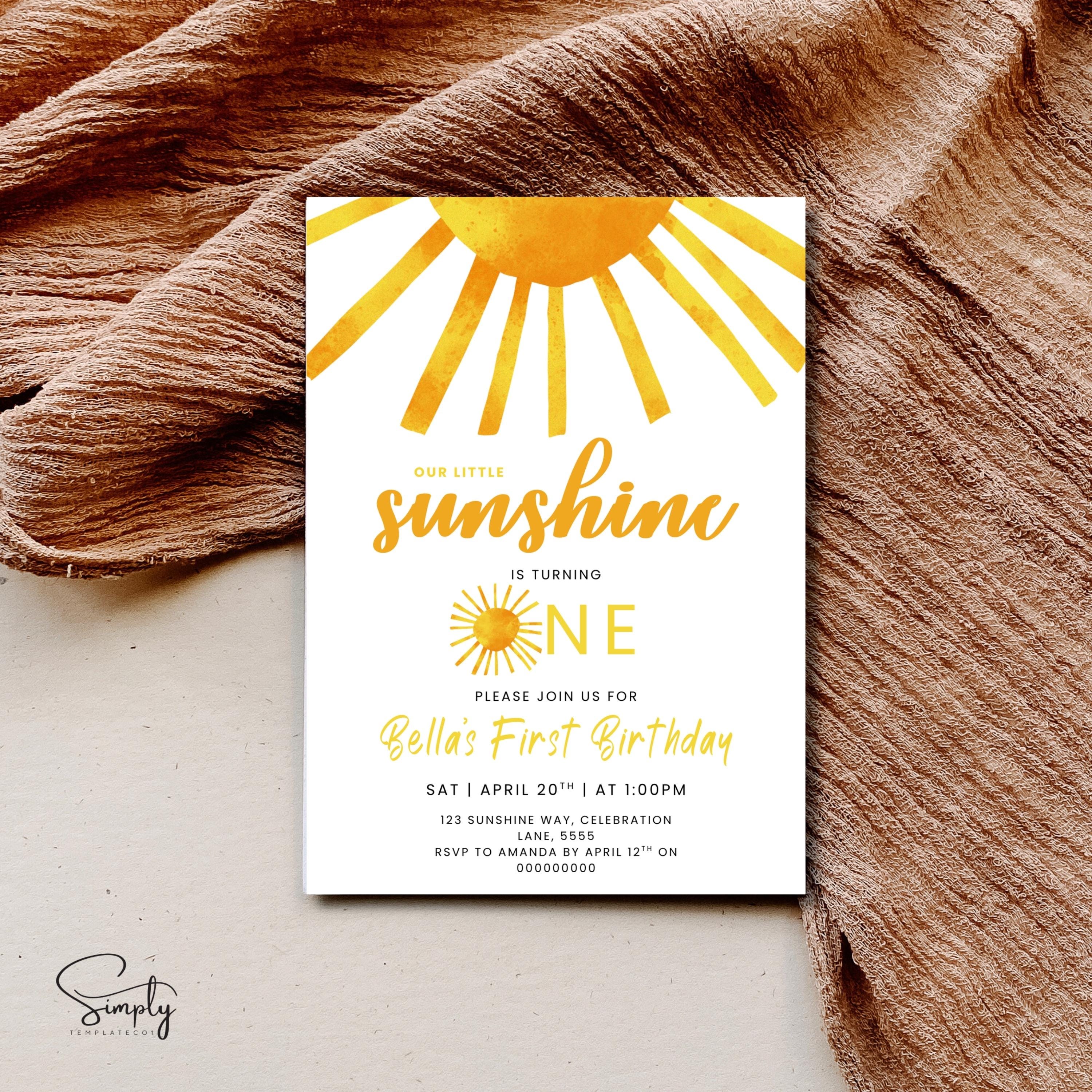 Editable Sunshine First Birthday Invitation A Little Ray of Sunshine ...