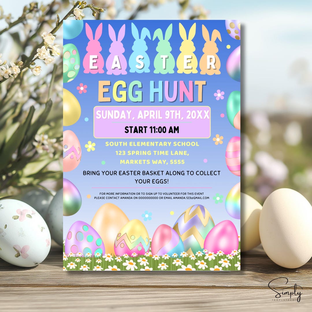 Easter Egg Hunt Flyer Editable Template, Kids Spring Easter Bunny Event ...