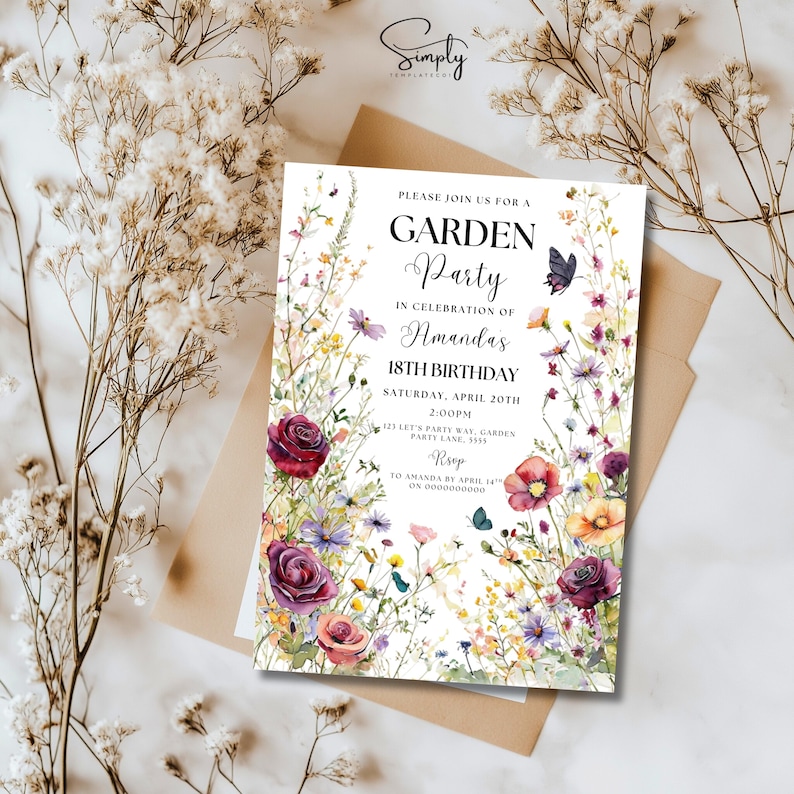 Wildflower Birthday Invitation Garden Party Invite Girl 16th 18th 21st ...