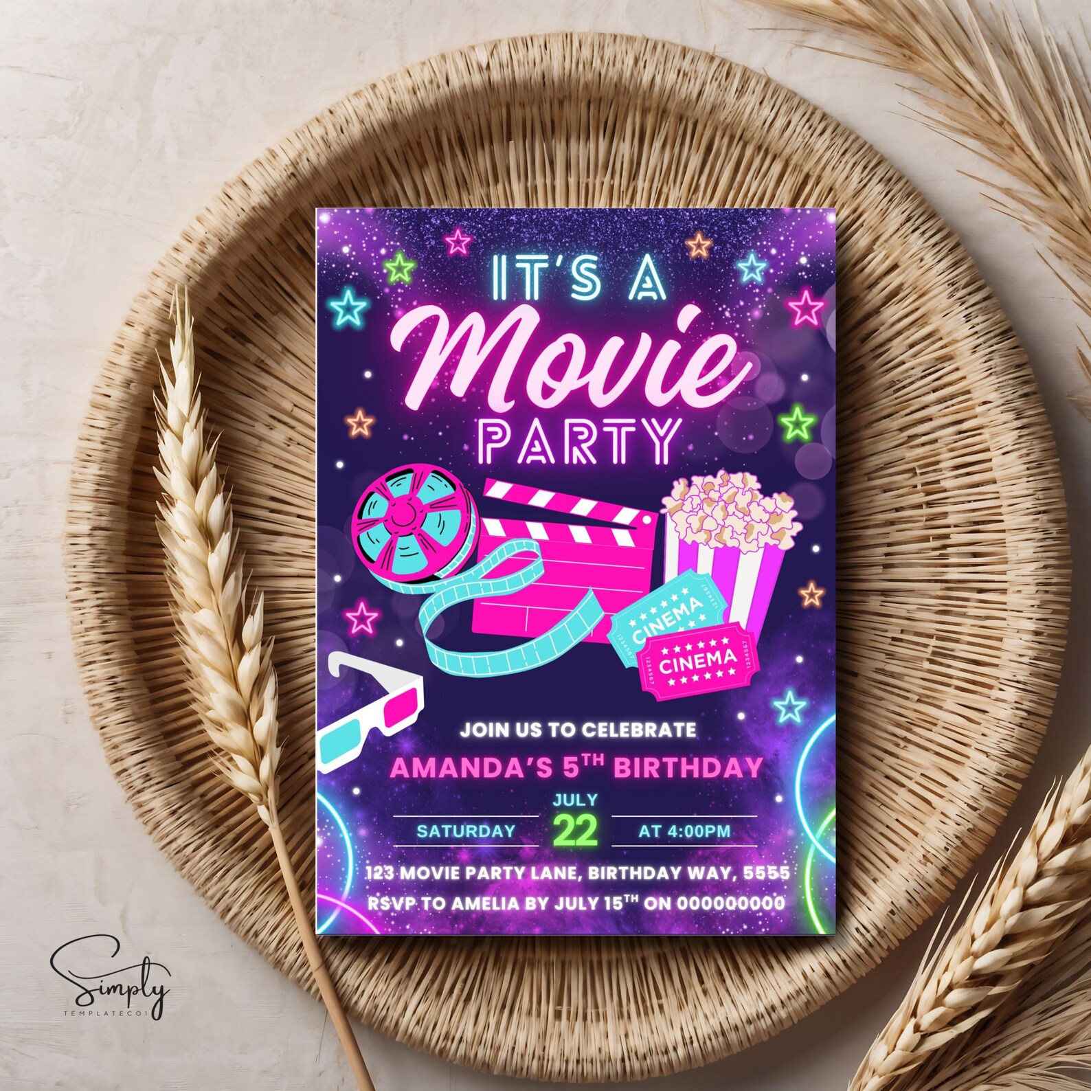 Movie Night Birthday Invitation, Movie Party Invitation, Cinema ...
