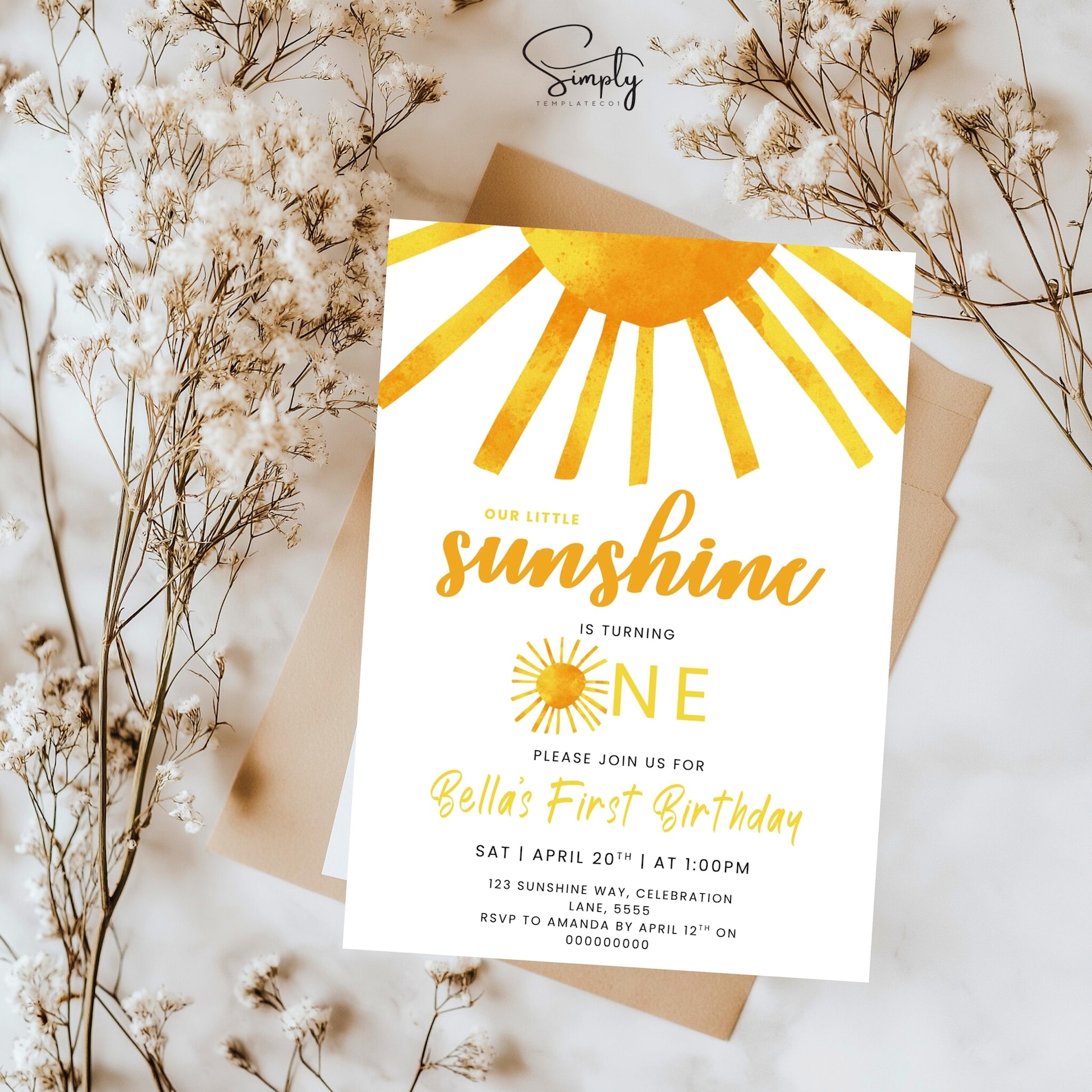 Editable Sunshine First Birthday Invitation A Little Ray of Sunshine ...