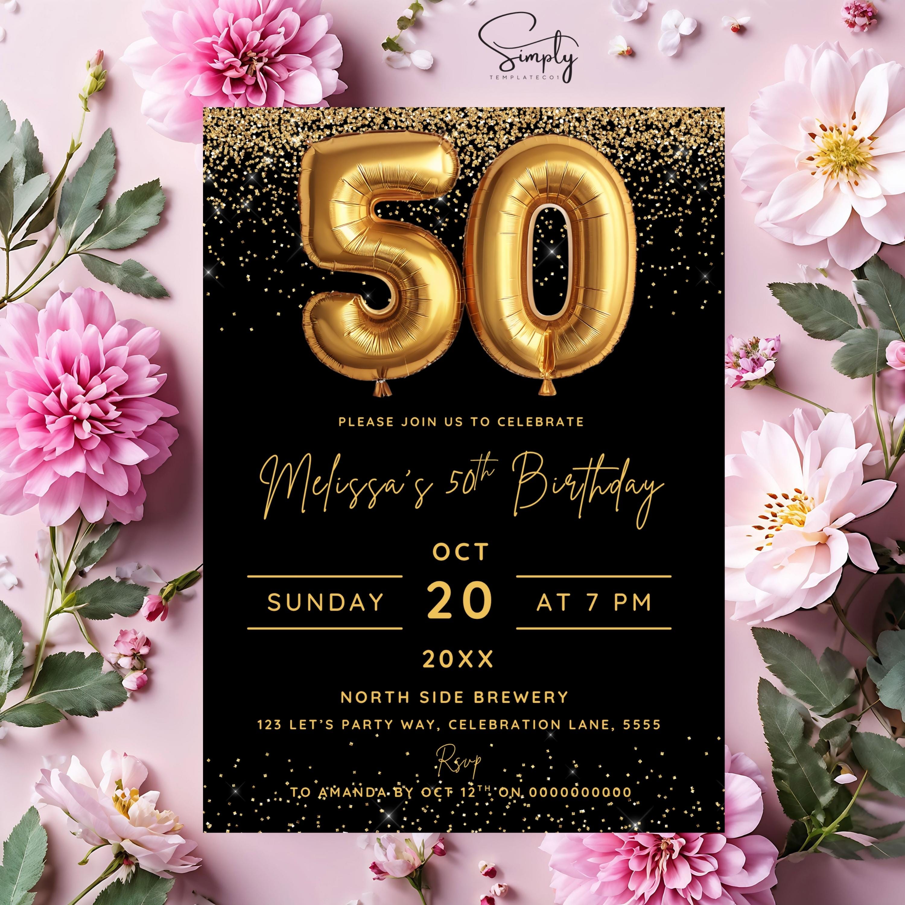 Editable 50th Birthday Invitation Gold and Black Invite Gold Glitter 50 ...