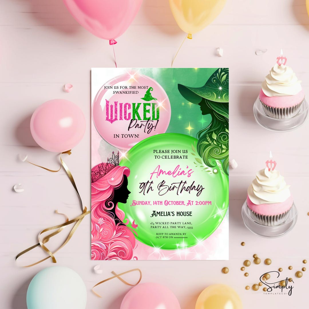 Editable Wicked Birthday Invitation | Green Elphaba | Pink Glinda ...
