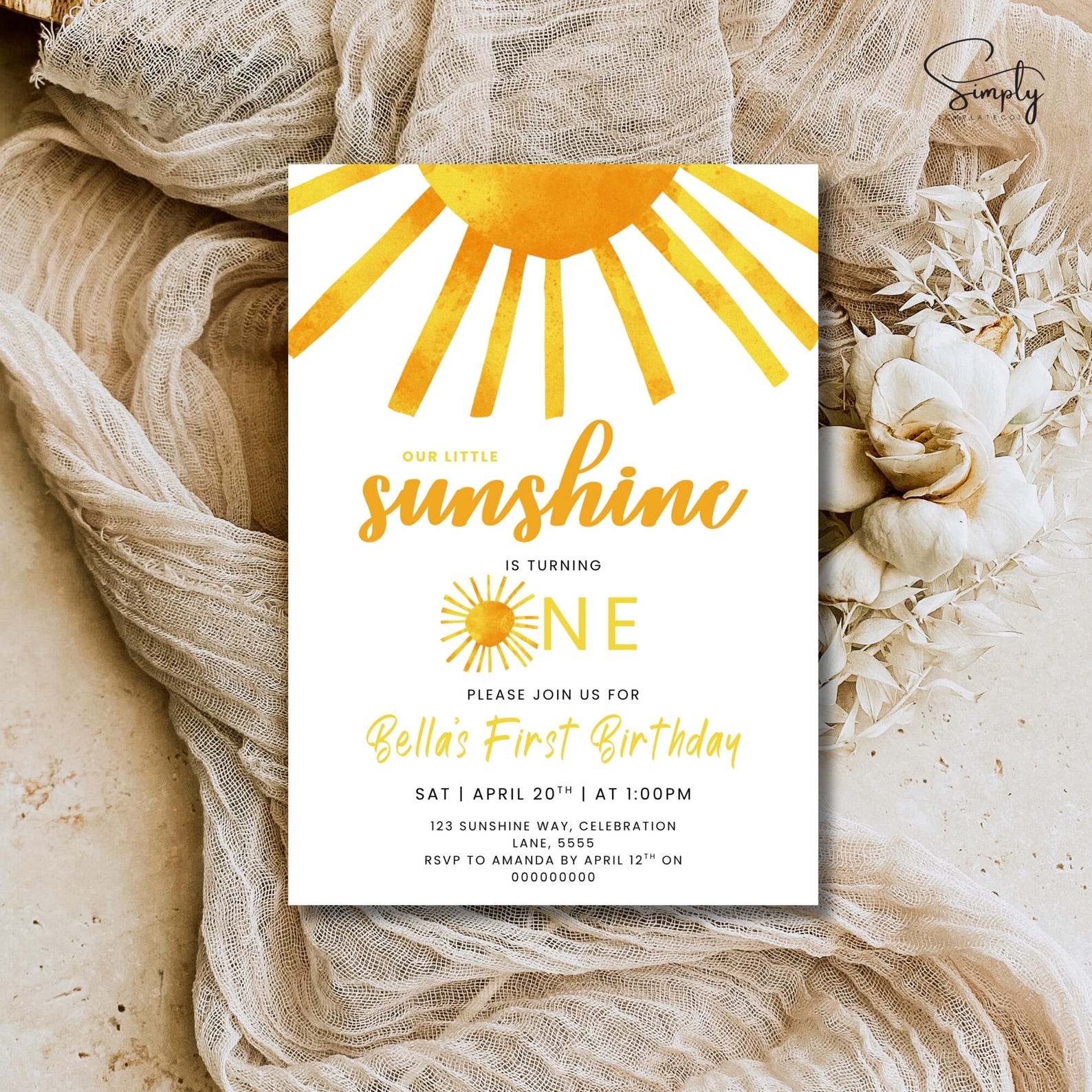 Editable Sunshine First Birthday Invitation A Little Ray of Sunshine ...
