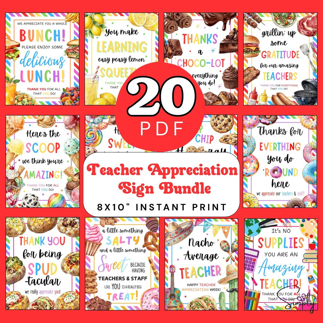 Food Themed Teacher Appreciation Week Poster Set | 20 Printable 8×10 ...