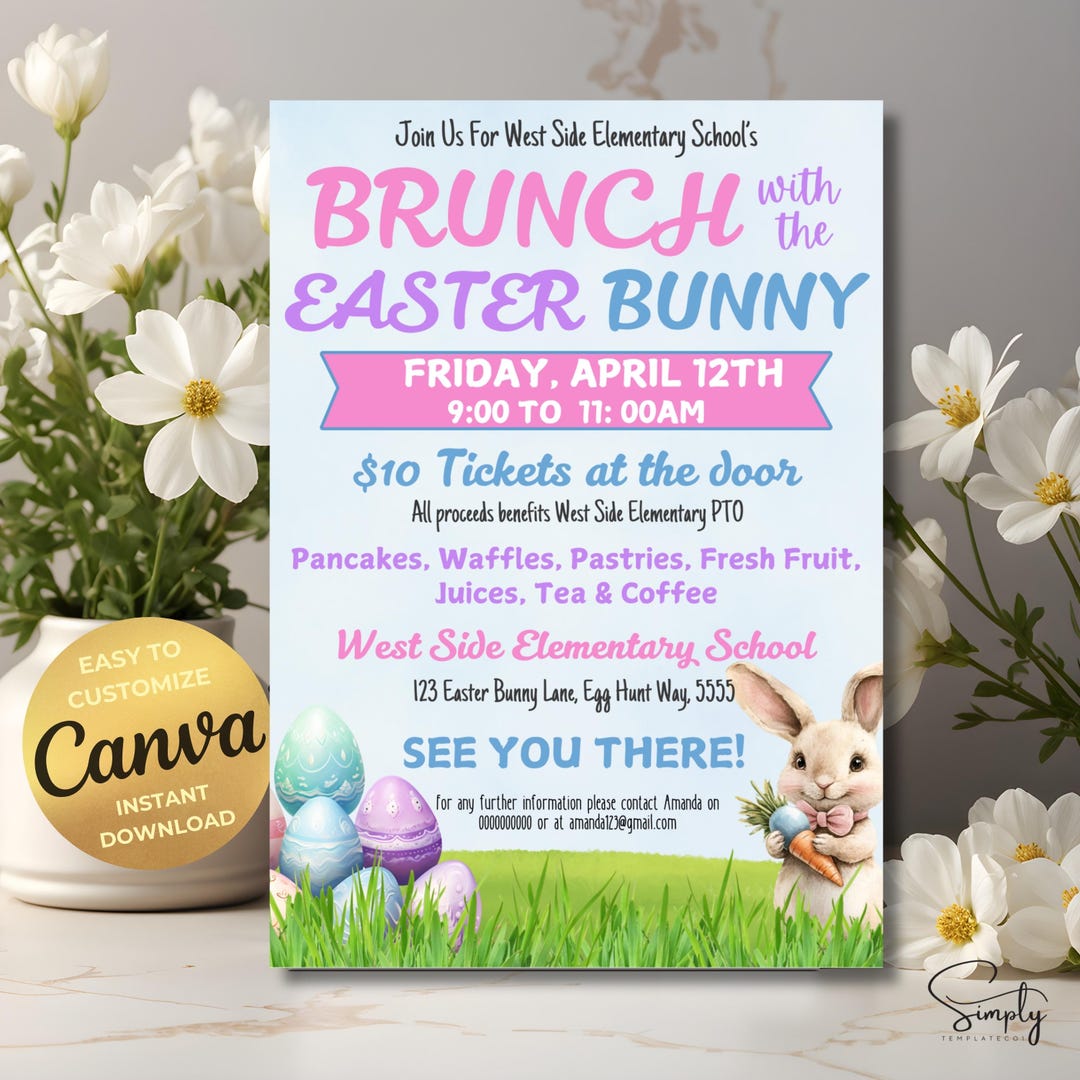 BRUNCH With Easter Bunny Flyer, Easter Fundraiser Flyer, PTA, Church ...
