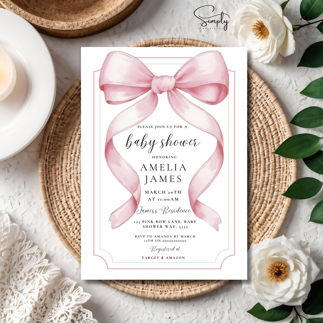 Blush Pink Bow Baby Shower Invitation Editable Elegant Watercolor ...