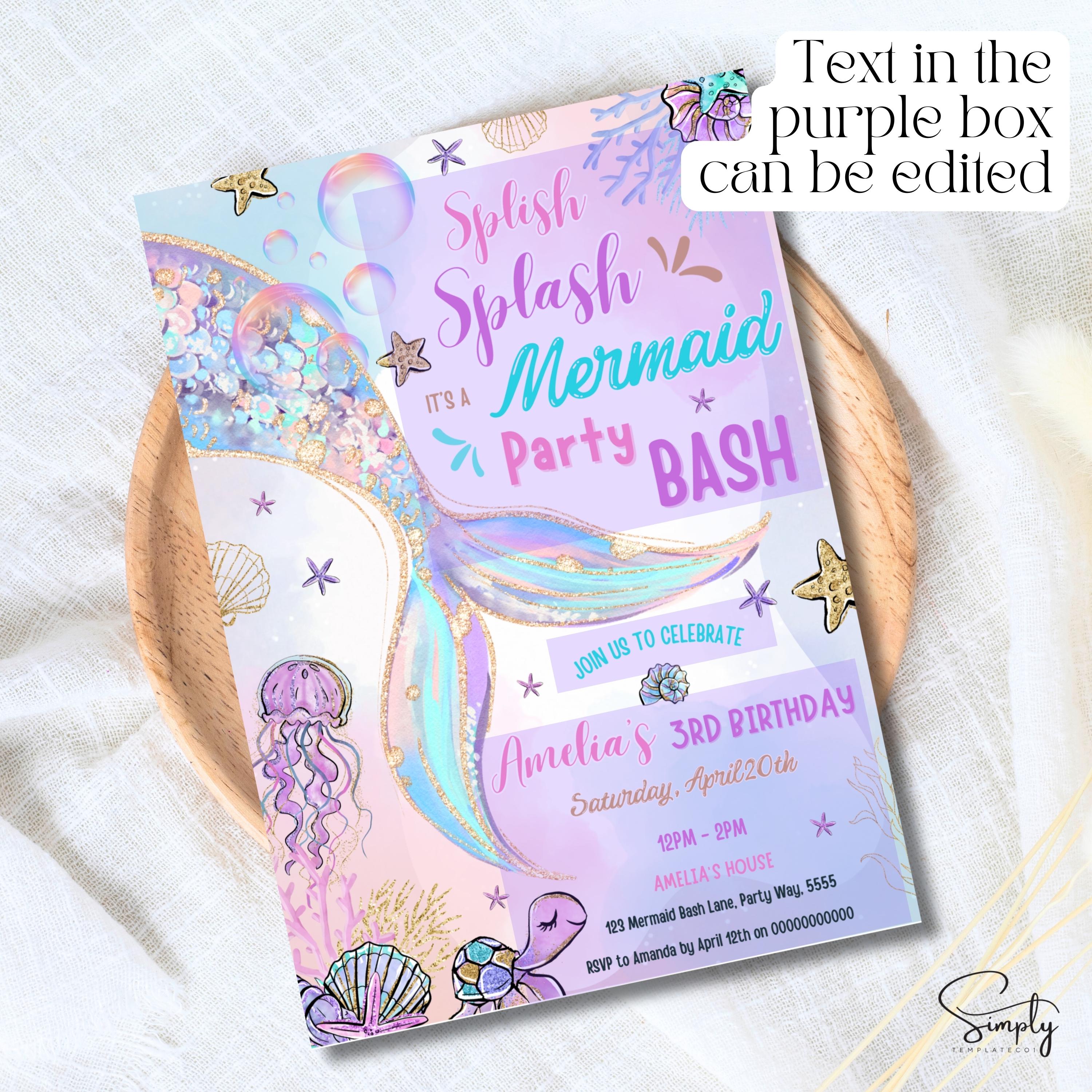 Editable Sparkle Mermaid Party Invitation Pool Girl Birthday Invite ...