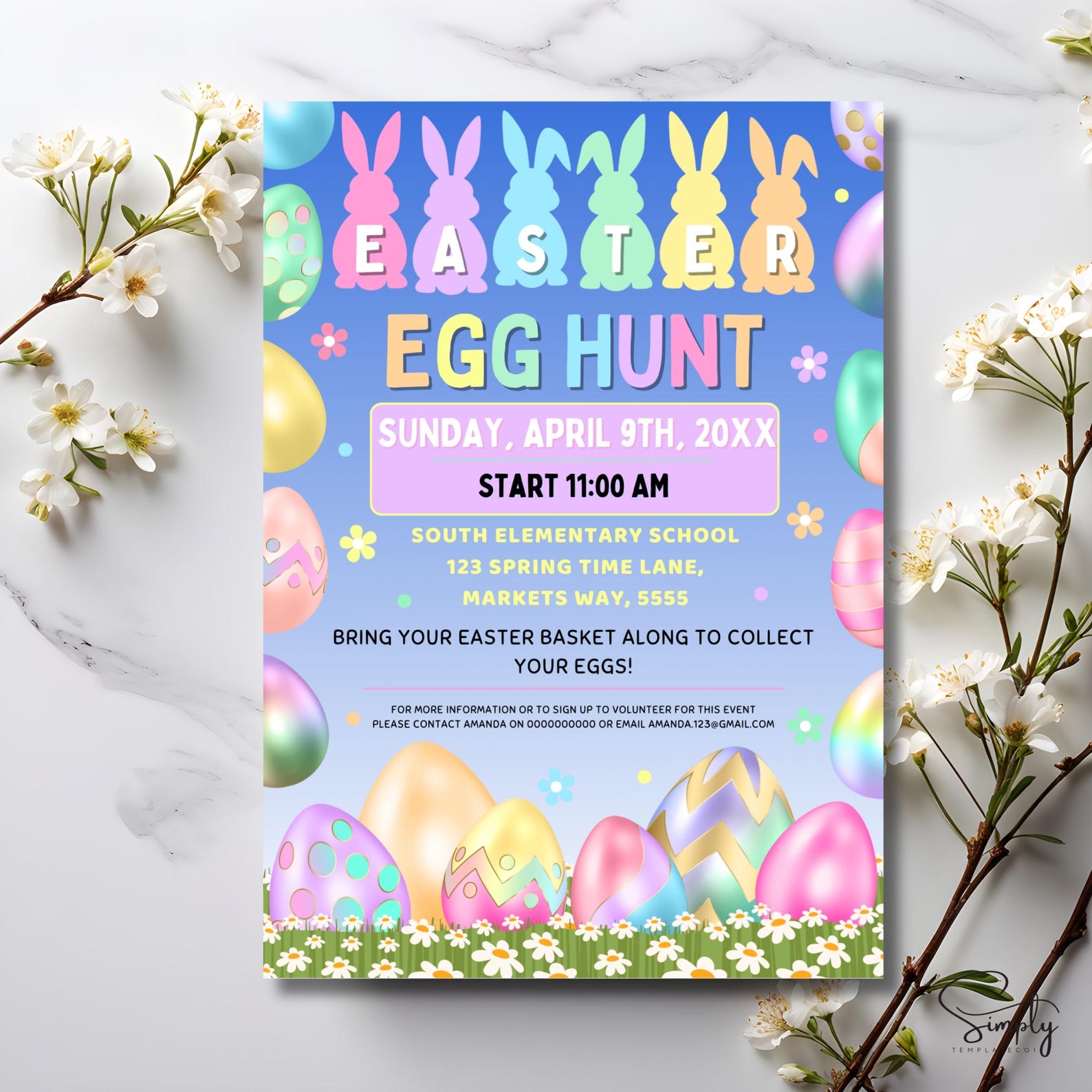 Easter Egg Hunt Flyer Editable Template, Kids Spring Easter Bunny Event ...