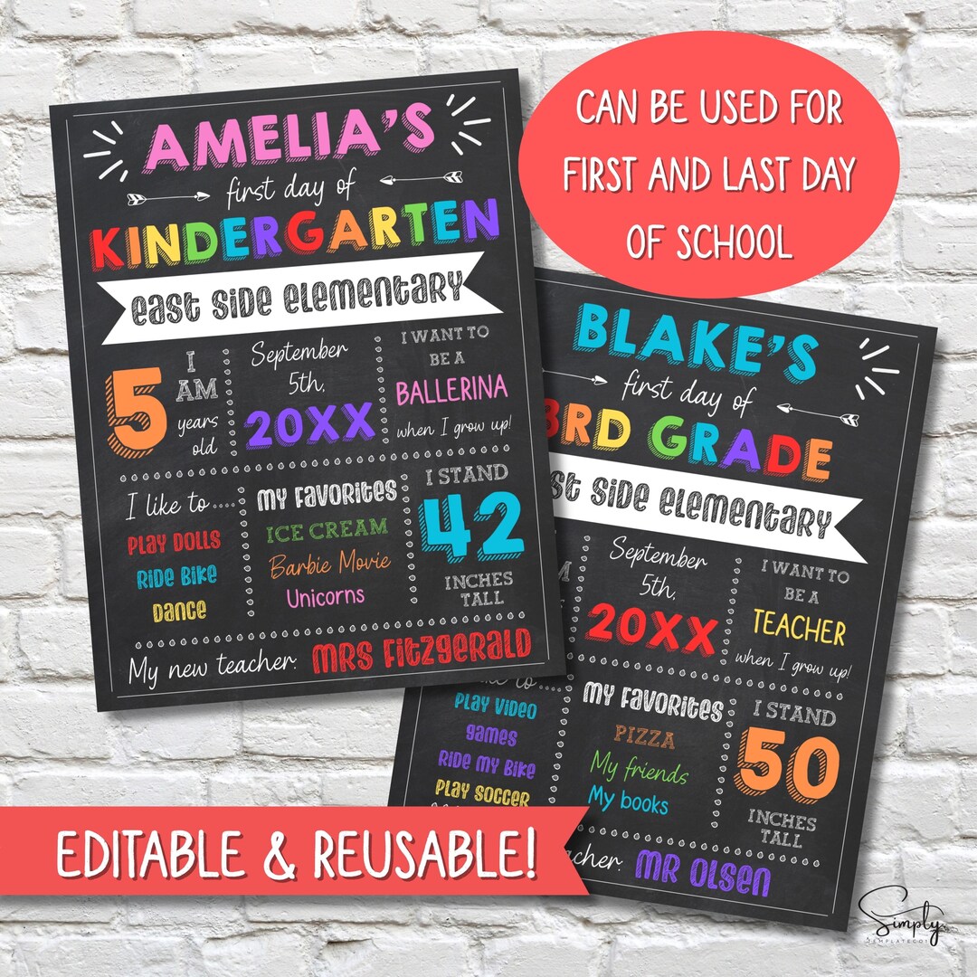 Chalkboard Back to School Sign First Day Last Day School Sign Editable ...