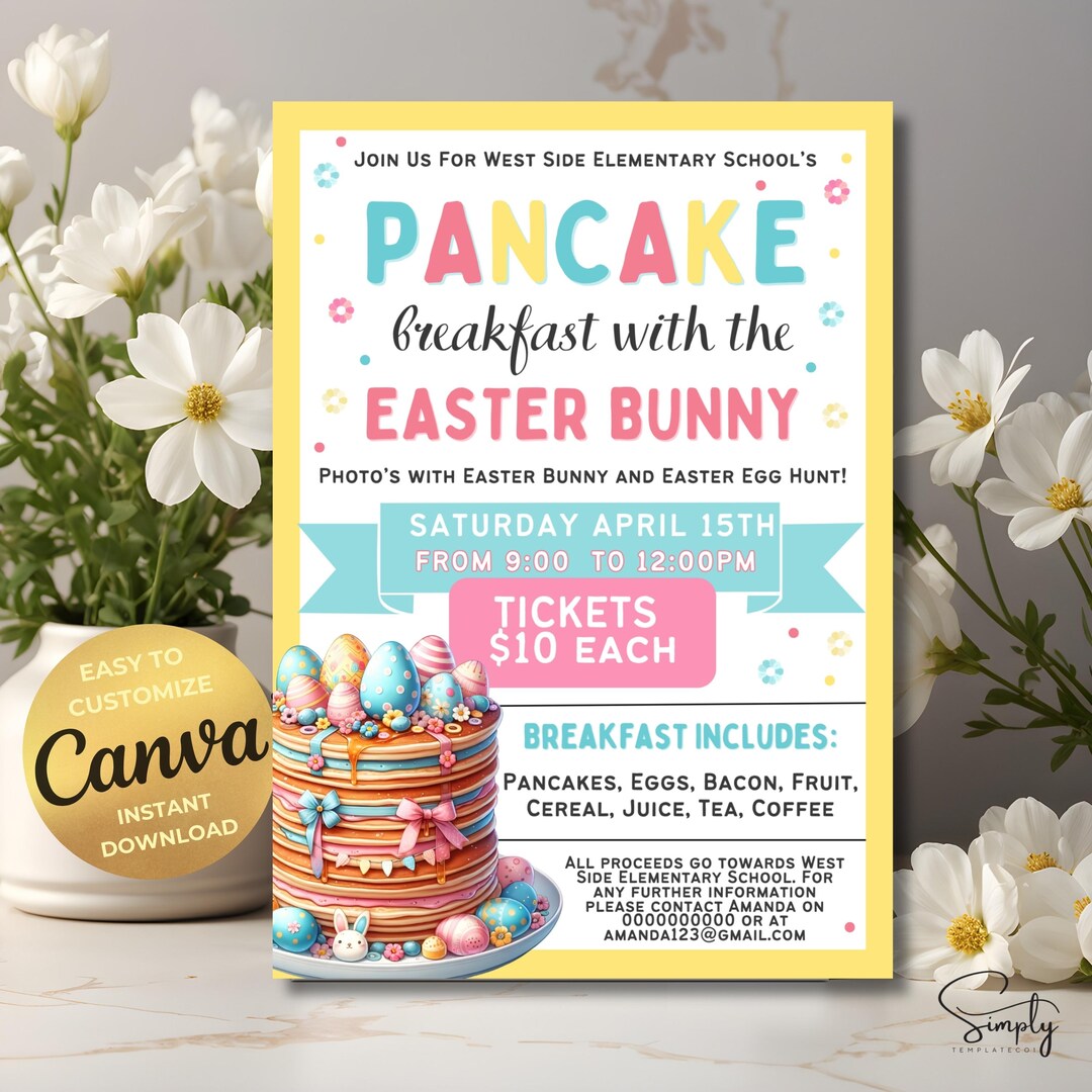 Breakfast With the Easter Bunny Flyer, Easter Egg Hunt Invitation ...