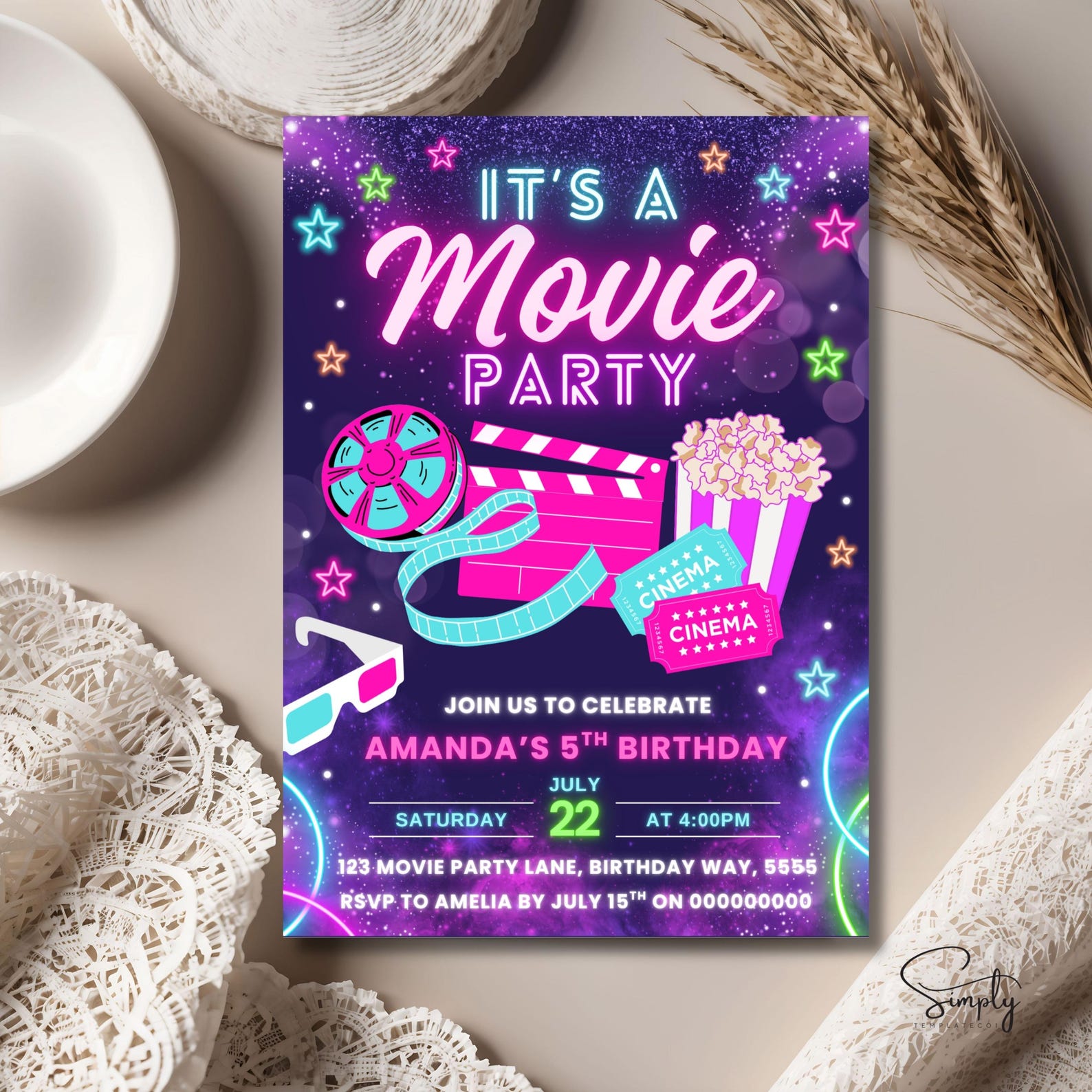 Movie Night Birthday Invitation, Movie Party Invitation, Cinema ...
