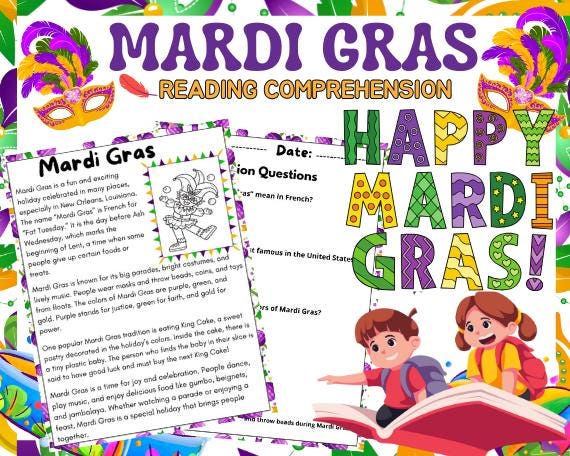 Mardi Gras Worksheet : Reading Passage With Comprehension Questions - Etsy