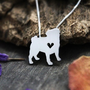Tiny Pug Necklace, Sterling Silver Hand Cut Pendant and Heart, Tiny Dog ...