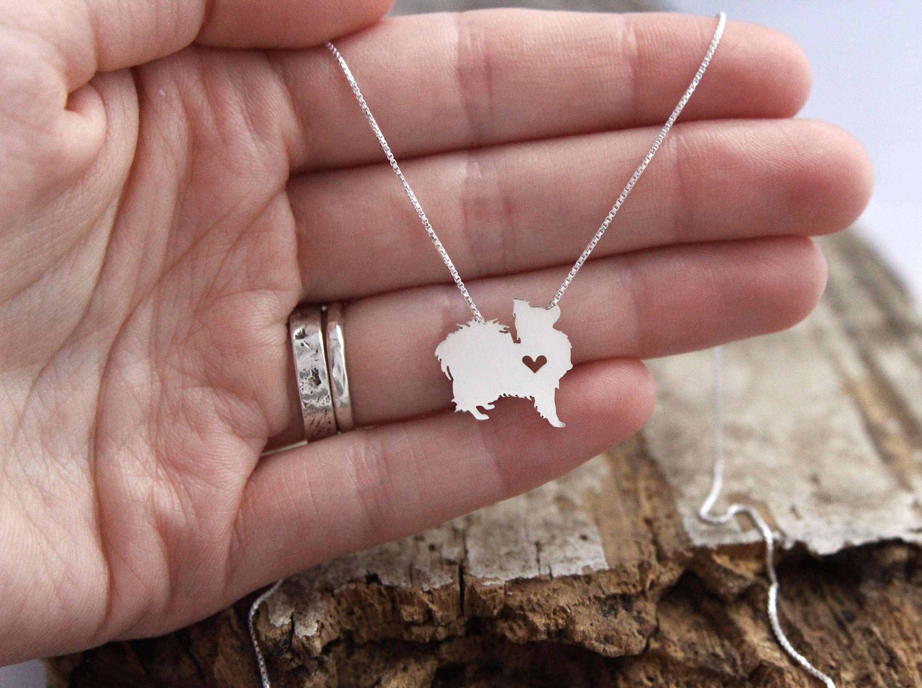 Tiny Papillon Necklace, Sterling Silver Hand Cut Pendant and Heart, Dog ...