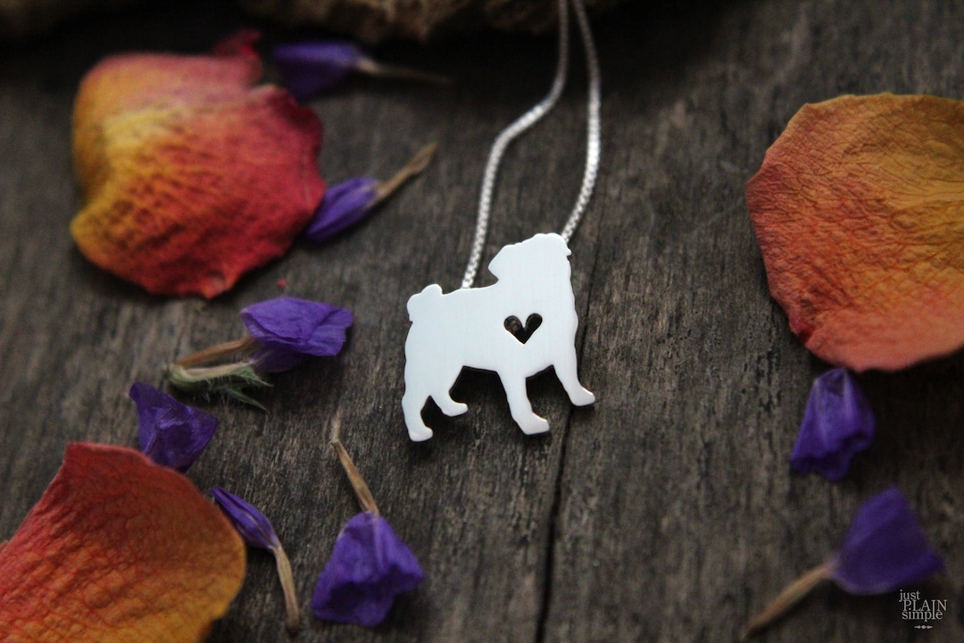 Tiny Pug Necklace, Sterling Silver Hand Cut Pendant and Heart, Tiny Dog ...
