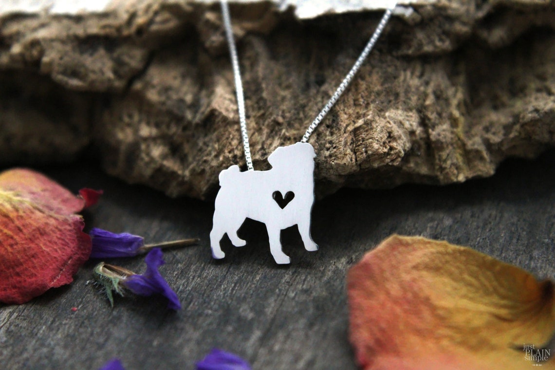 Tiny Pug Necklace Sterling Silver Hand Cut Pendant and Heart - Etsy
