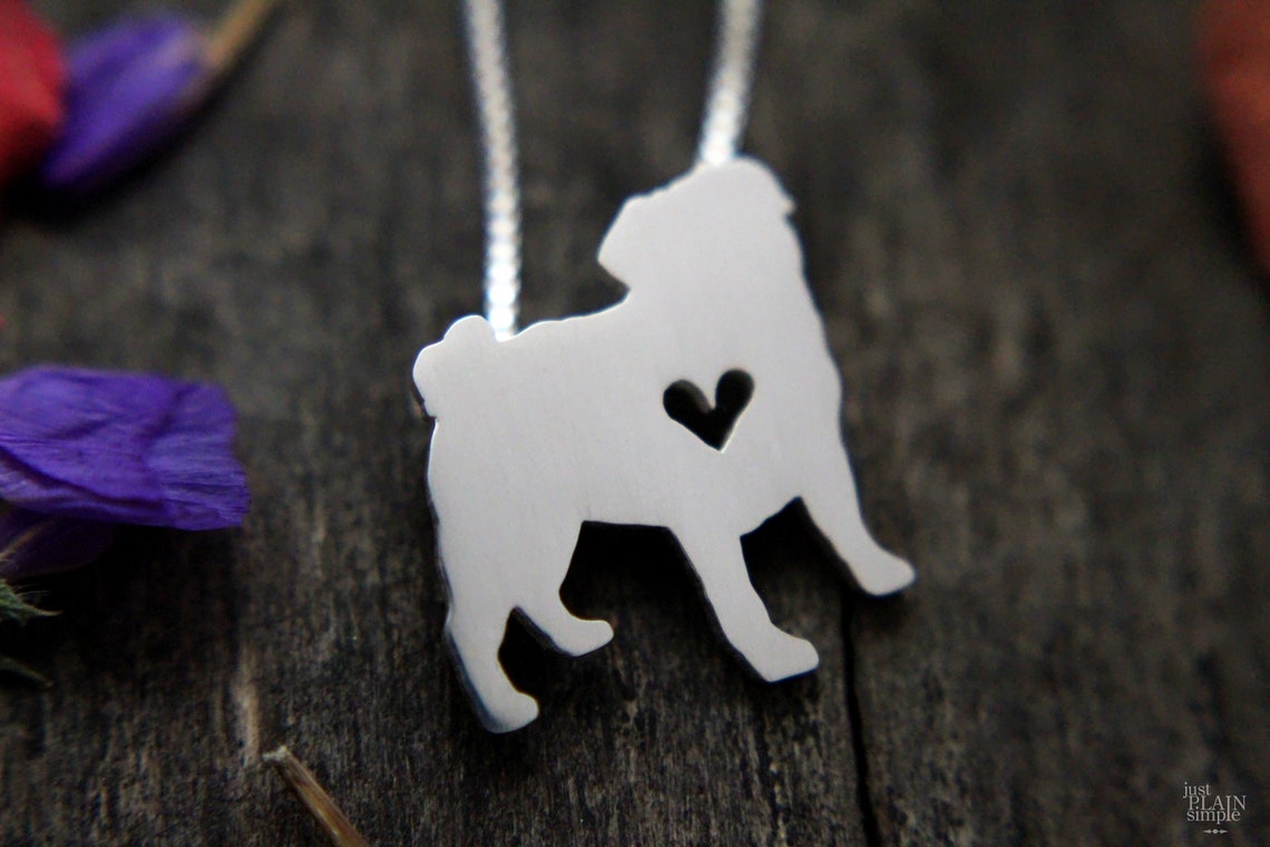 Tiny Pug Necklace Sterling Silver Hand Cut Pendant and Heart - Etsy