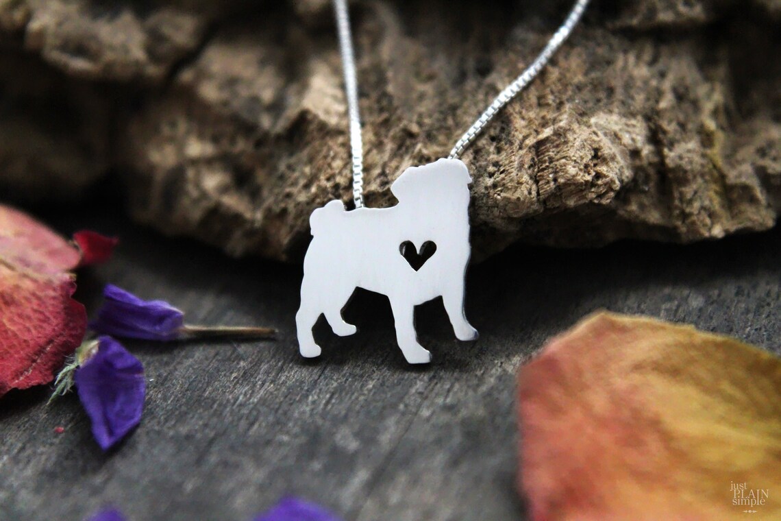 Tiny Pug necklace sterling silver hand cut pendant and heart | Etsy