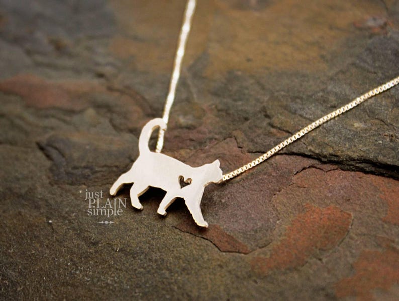 Tiny Cat Necklace, Sterling Silver Hand Cut Pendant and Heart - Etsy