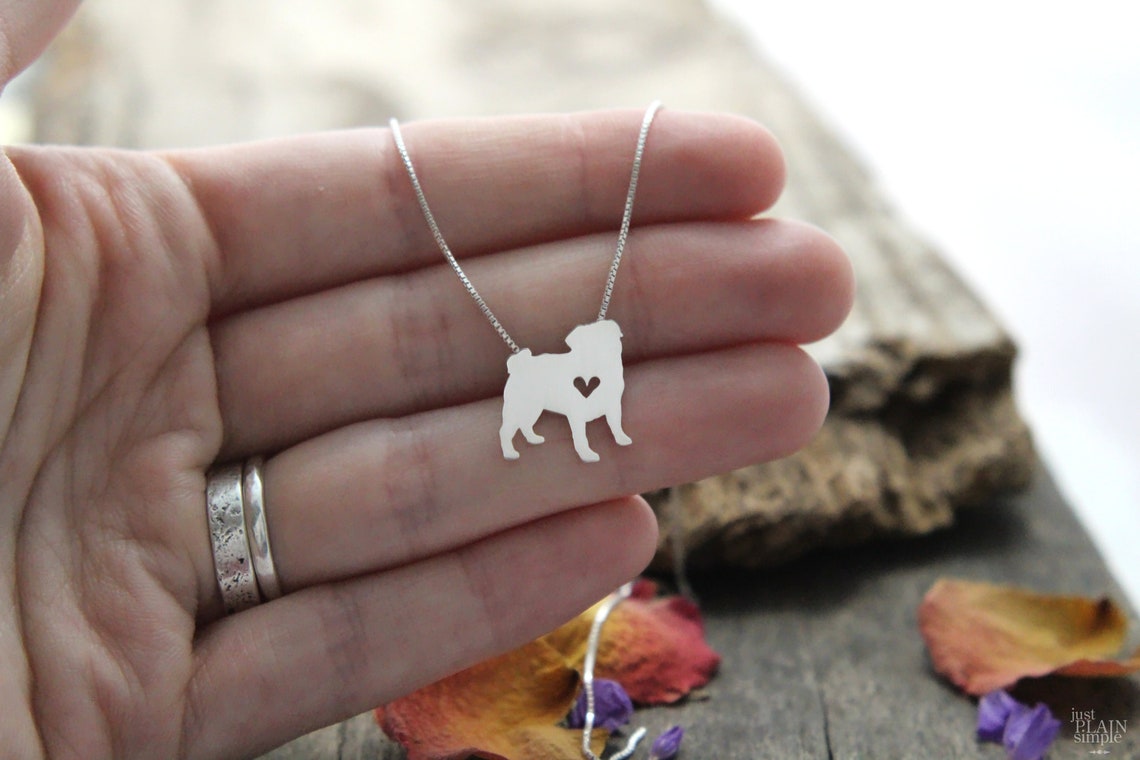 Tiny Pug Necklace Sterling Silver Hand Cut Pendant and Heart - Etsy