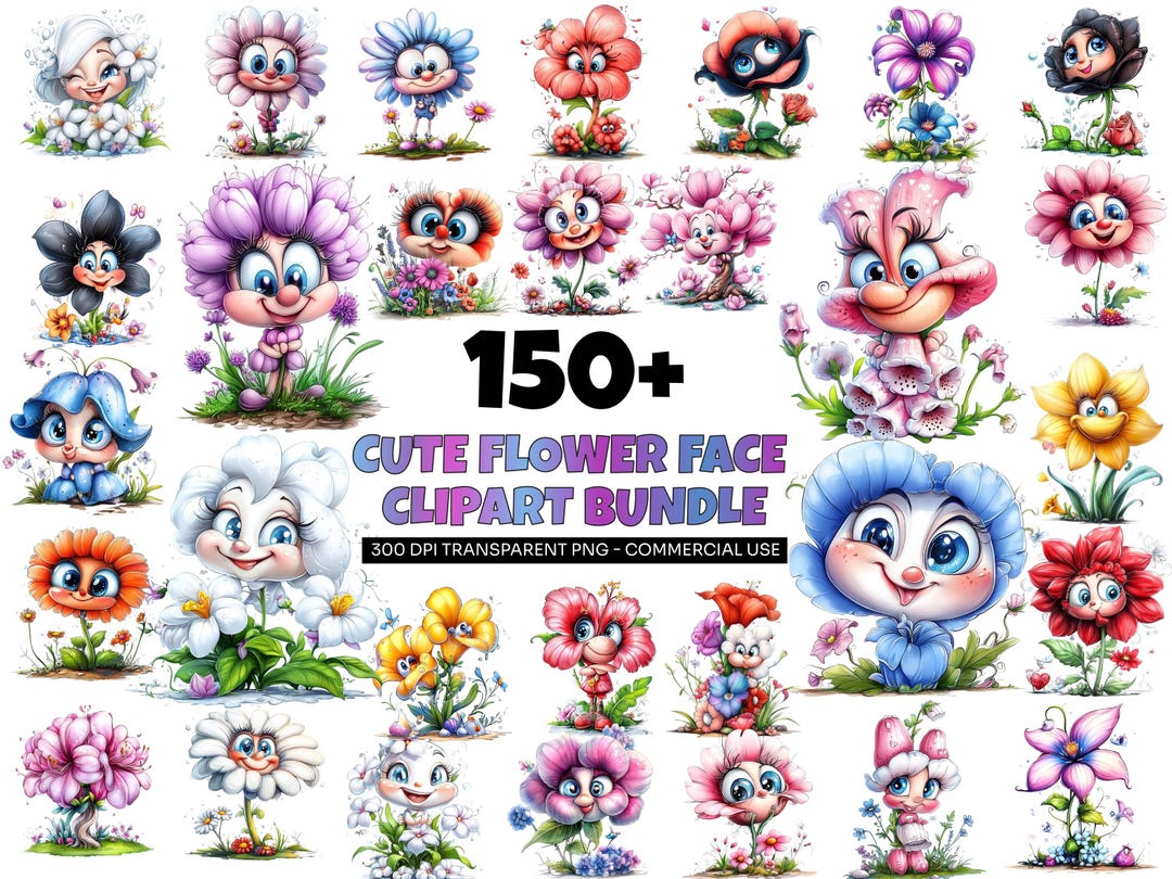 153 Cute Flower Face Clipart Bundle | Kawaii Floral Character Pngs ...