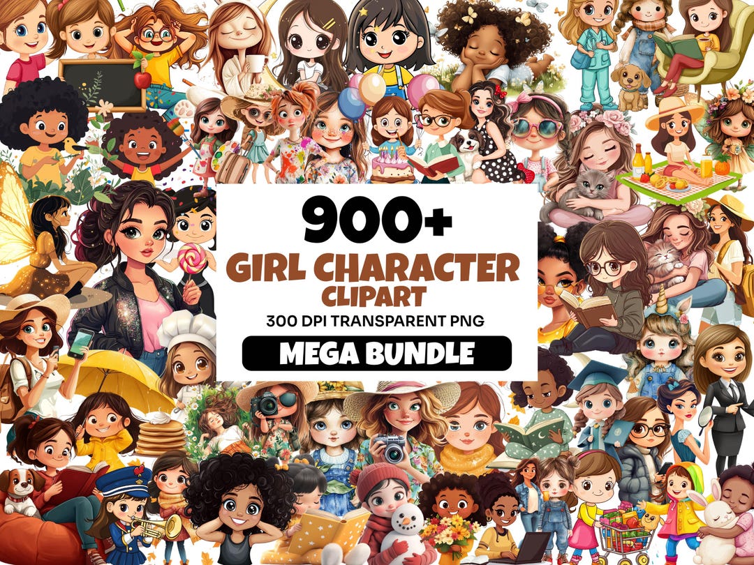970 Girl Character Clipart Mega Bundle | Diverse Cute Girl Pngs ...
