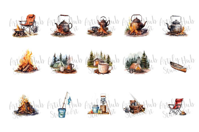Watercolor Camping Clipart Bundle PNG, Adventure Camping Graphics ...