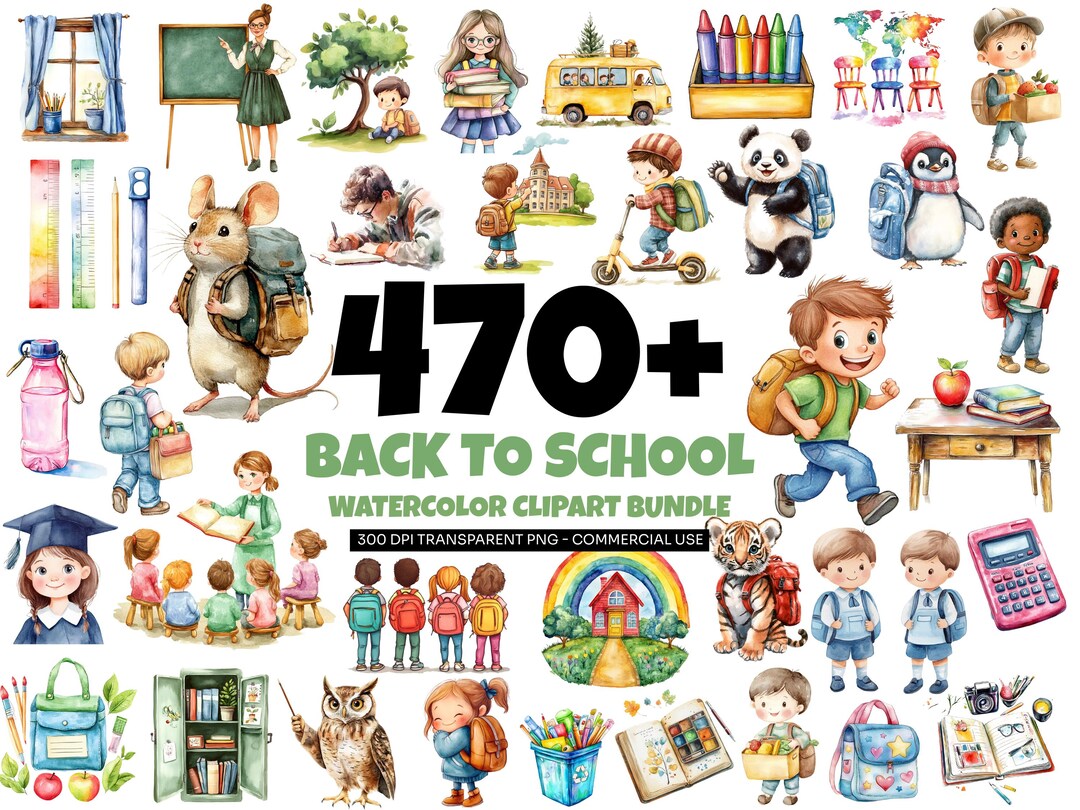 Back to School Clipart Bundle: Watercolor Kids & Animals (PNG ...