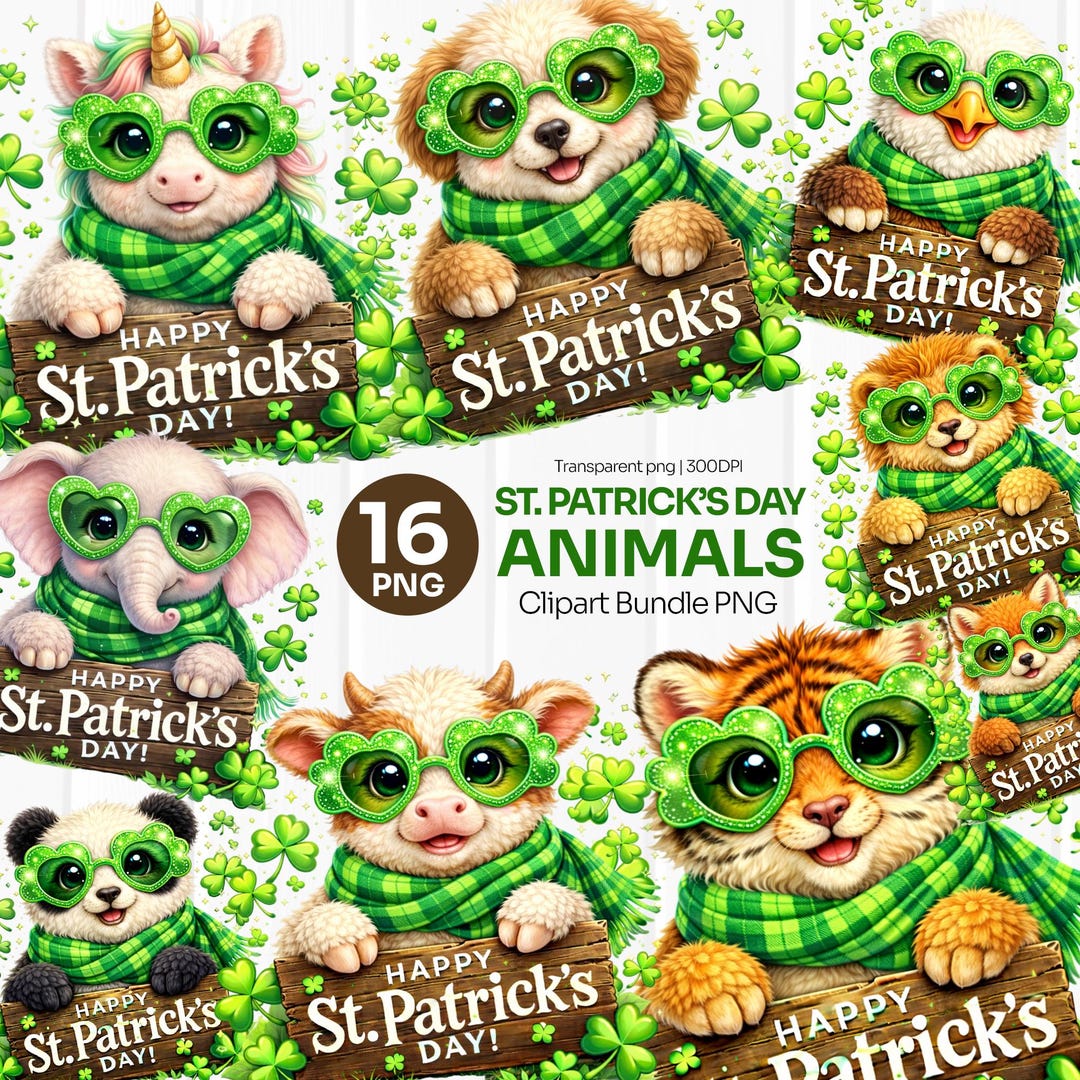 St Patrick’s Day Animals Clipart Bundle PNG, Cute Shamrock Glasses ...