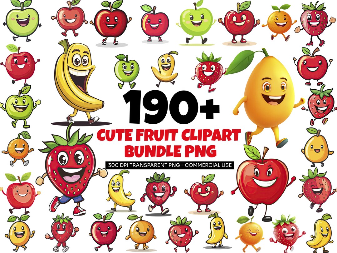 Cute Fruit Clipart Bundle PNG, Cute Cartoon Fruits, Kawaii Fruit PNG ...
