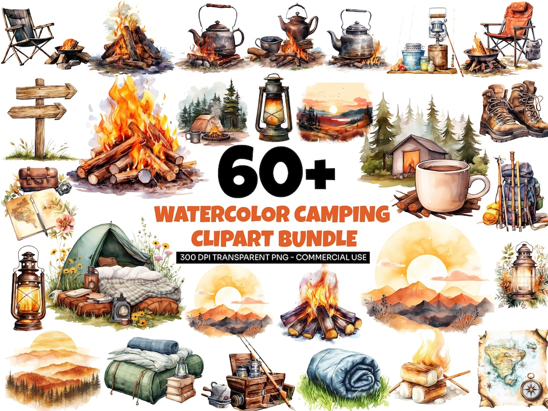 Watercolor Camping Clipart Bundle PNG, Adventure Camping Graphics ...