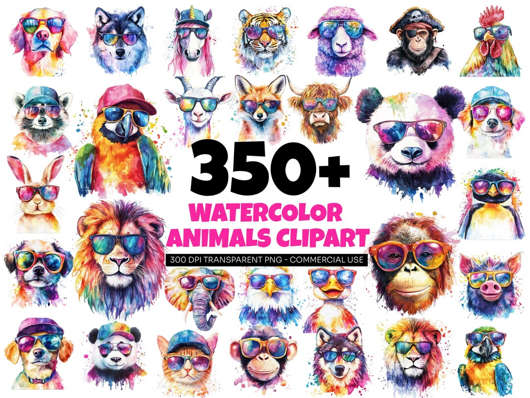 Watercolor Animal Clipart Bundle: 357 PNG Illustrations (digital ...