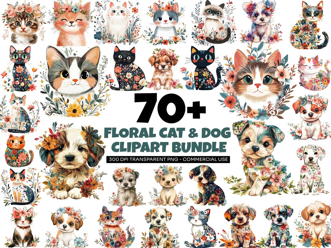 76 Floral Cat and Dog Clipart Bundle | Cute Pet PNG Graphics ...